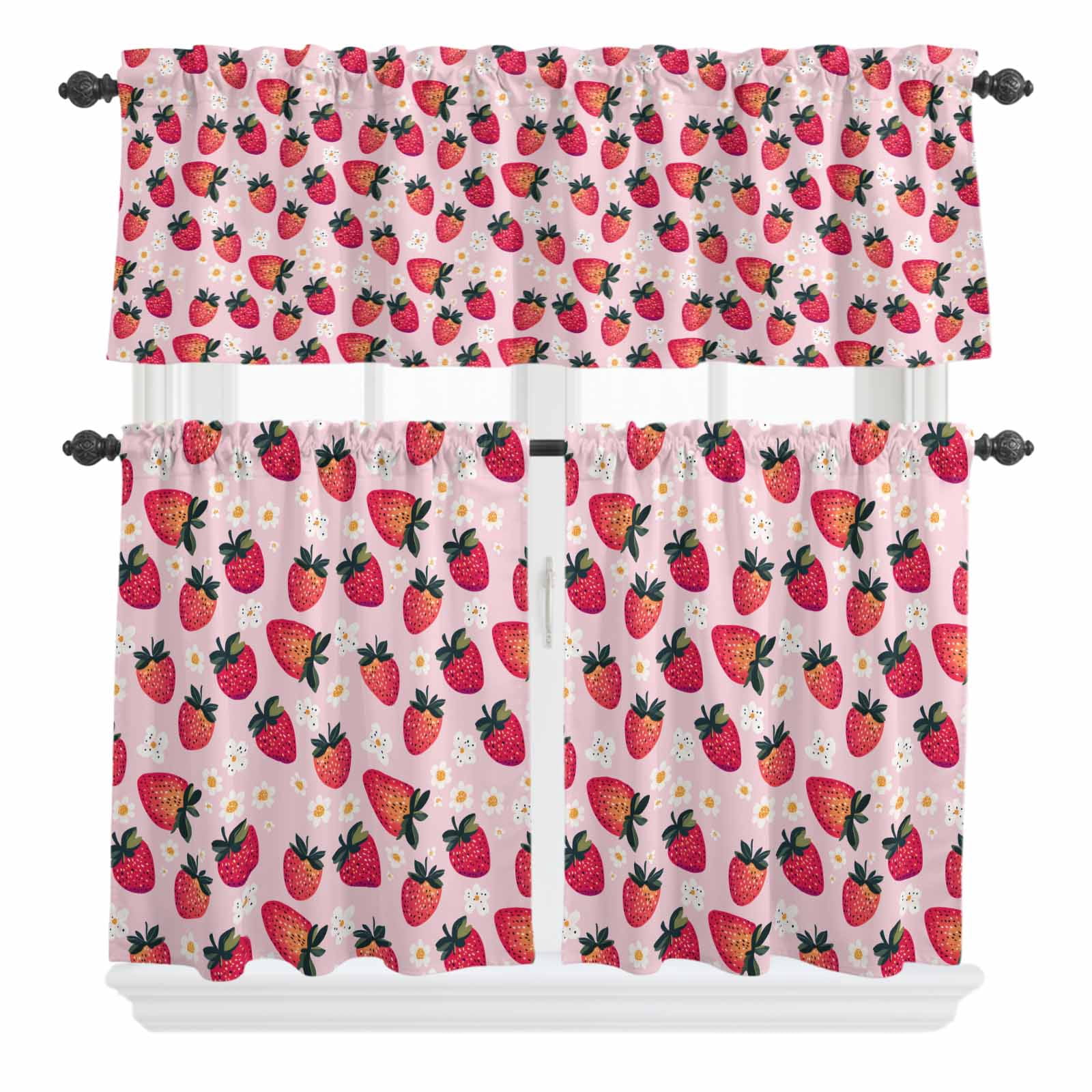 3 Piece Kitchen Curtains and Valances Set Strawberry Cafe Curtains 36 ...