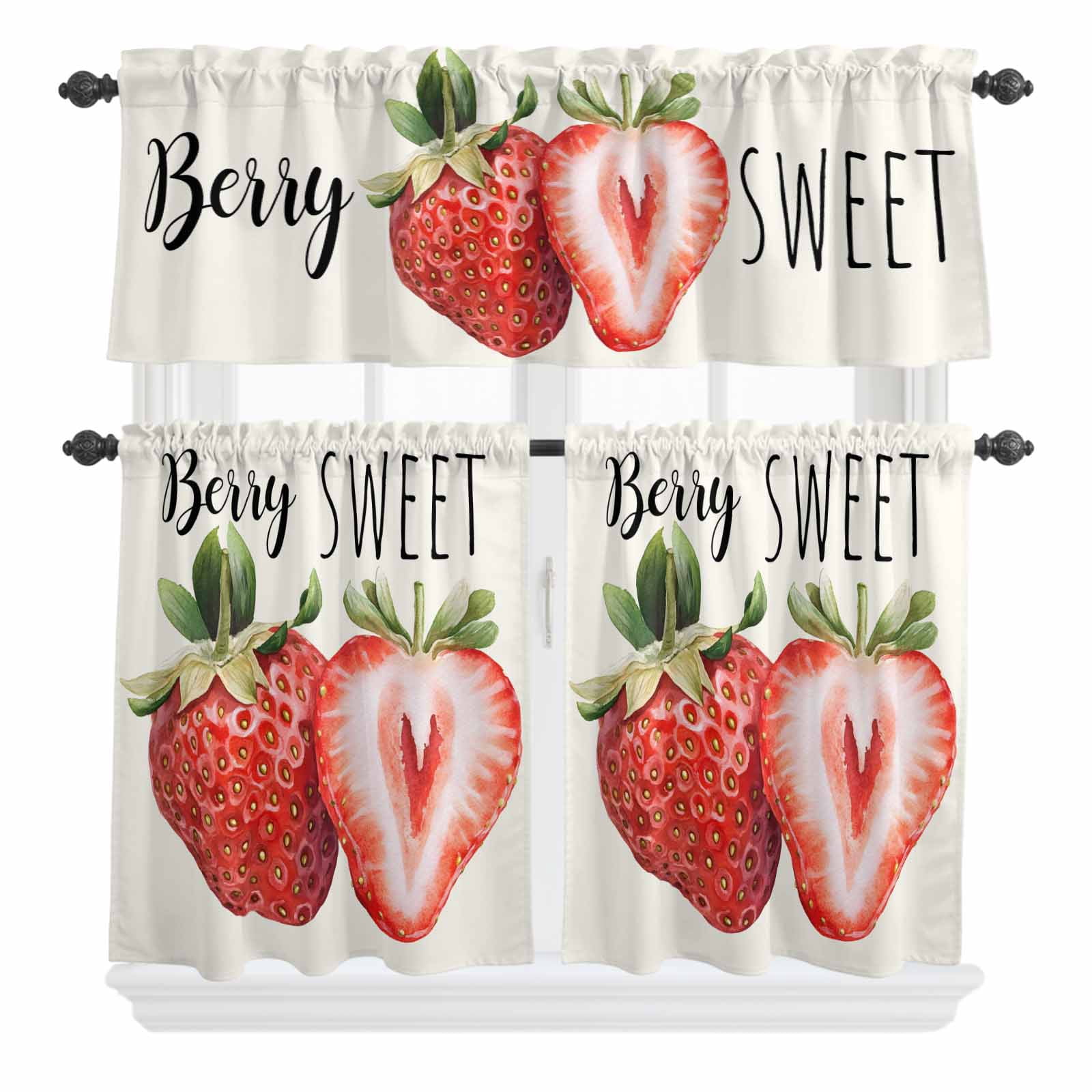 3 Piece Kitchen Curtains and Valances Set Strawberry Cafe Curtains 36 ...