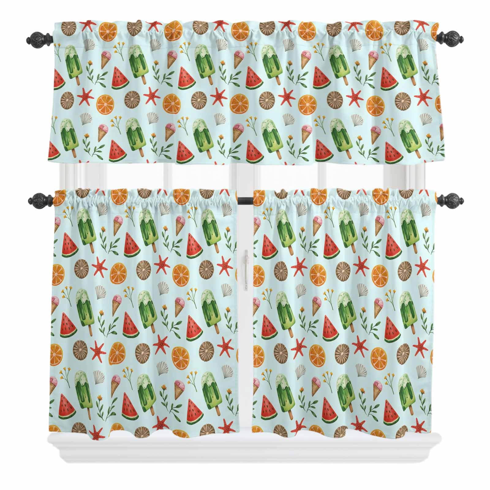 3 Piece Kitchen Curtains and Valances Set Summer Blue Cafe Curtains 24 ...