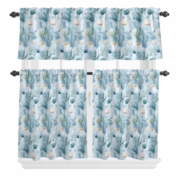 3 Piece Kitchen Curtains and Valances Set Summer Blue Coral Cafe ...