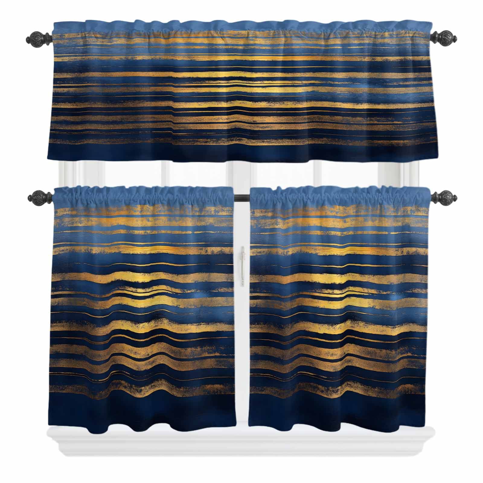 3 Piece Kitchen Curtains and Valances Set Summer Blue Gold Cafe ...