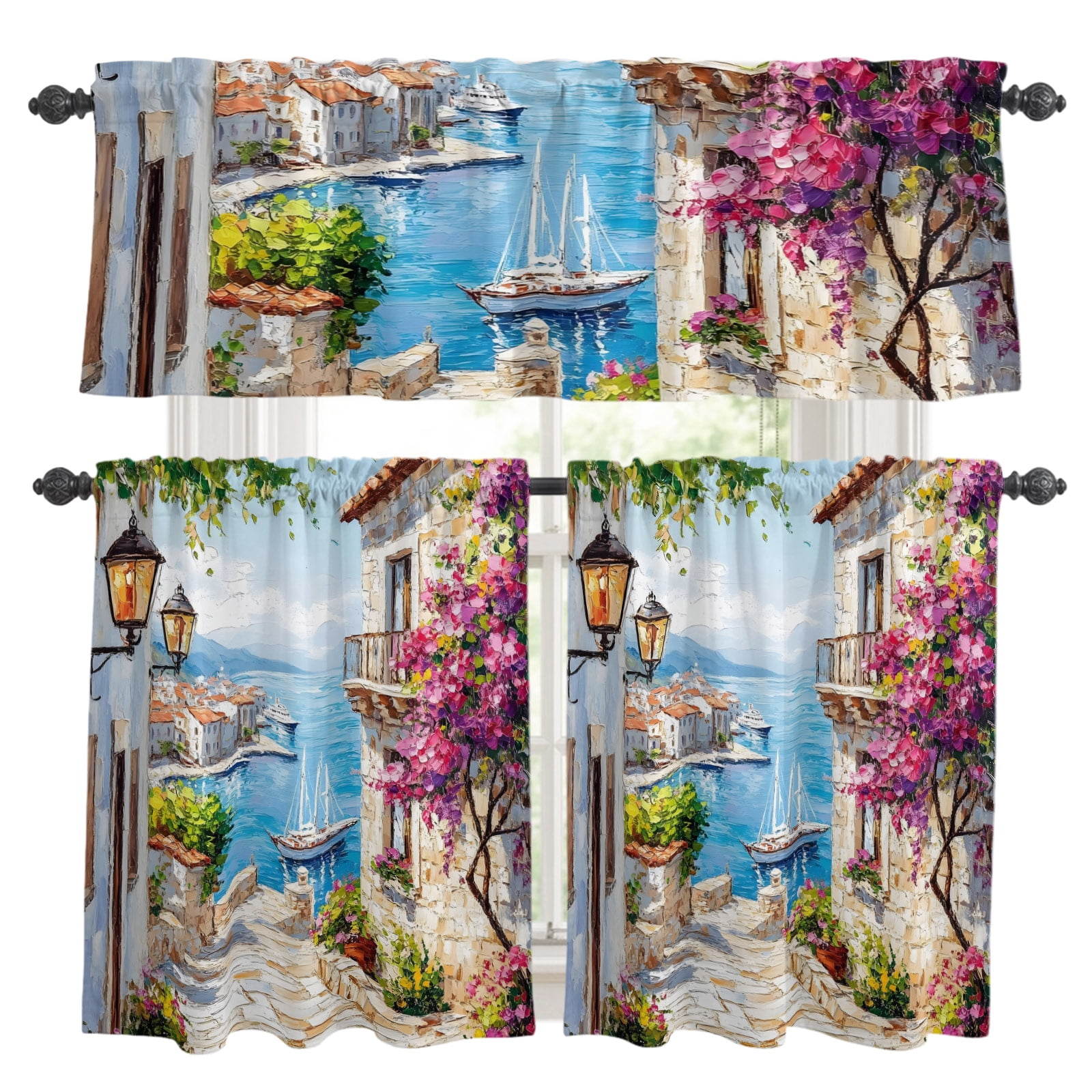 3 Piece Kitchen Curtains and Valances Set Summer City Cafe Curtains 24 ...