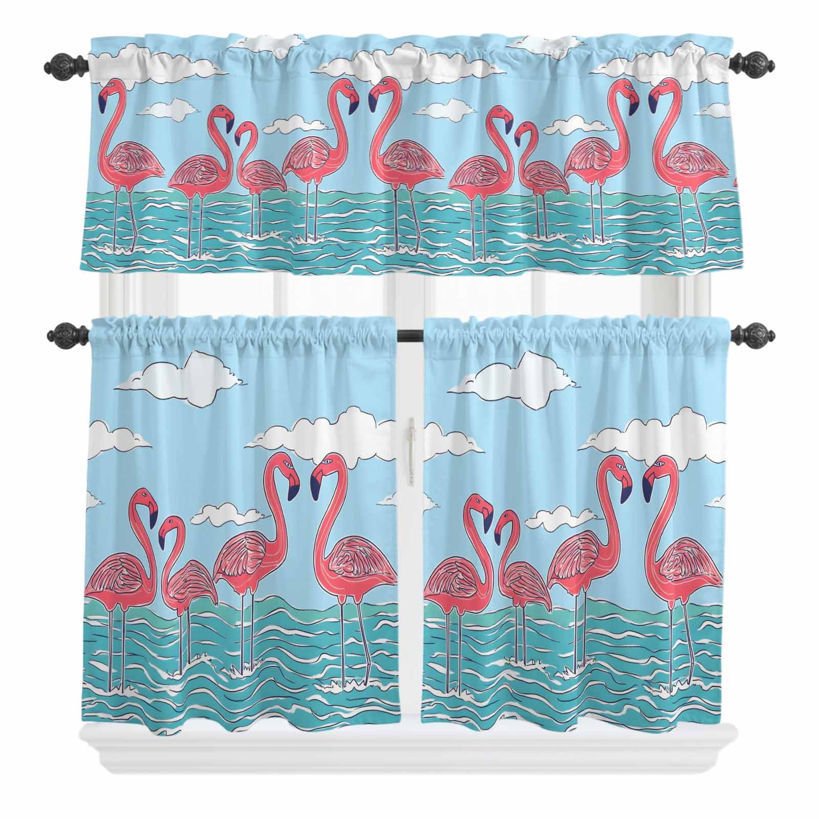 3 Piece Kitchen Curtains and Valances Set Summer Cute Flamingo Cafe ...