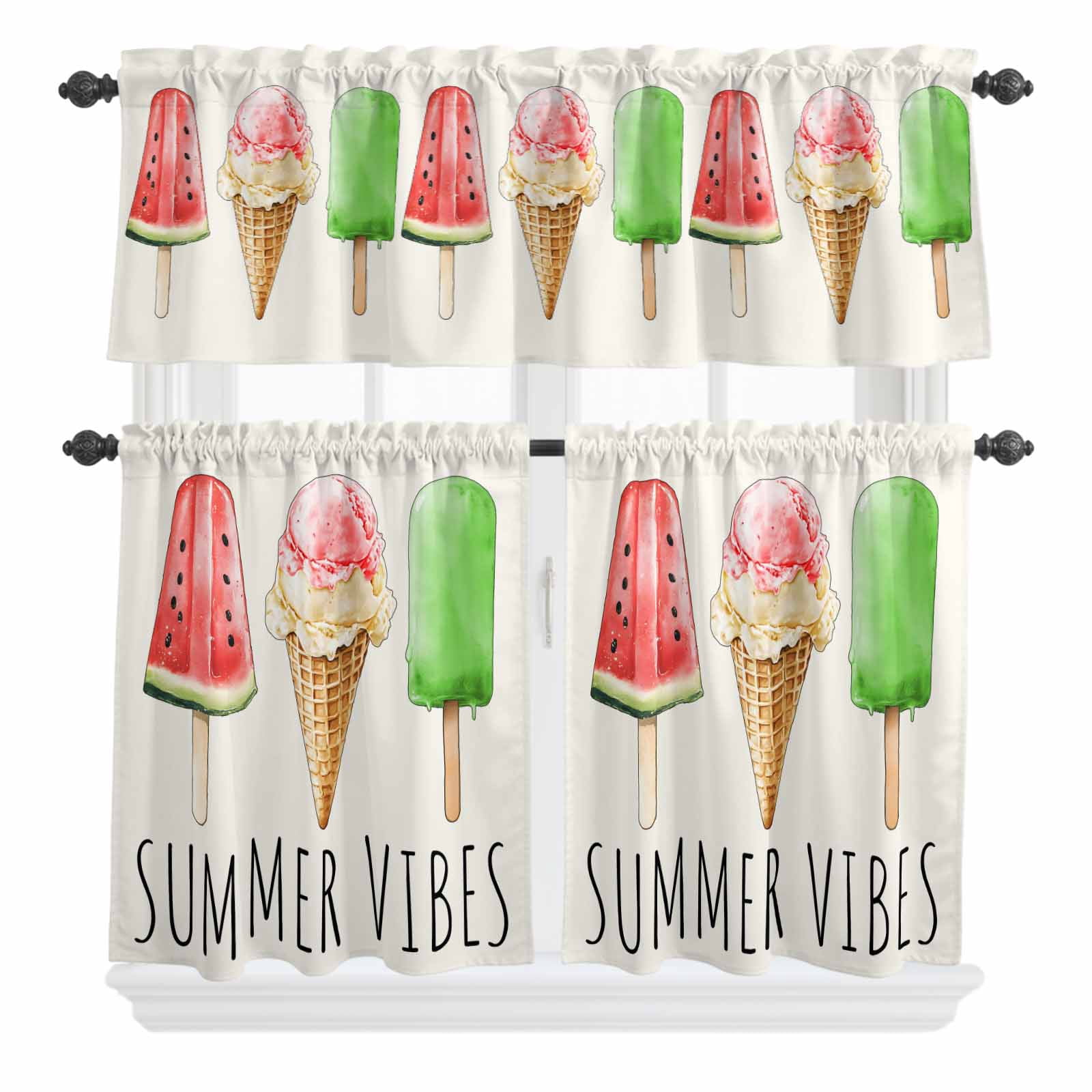 3 Piece Kitchen Curtains and Valances Set Summer Ice Cream Cafe ...