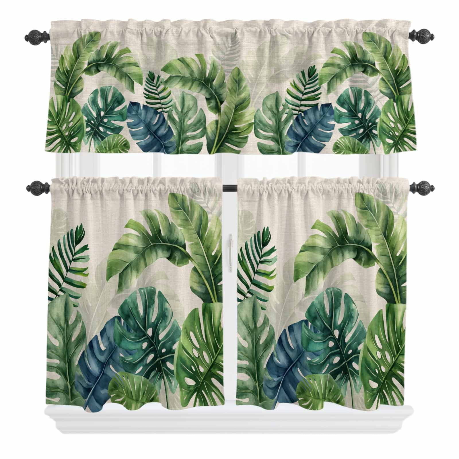 3 Piece Kitchen Curtains and Valances Set Summer Leaves Cafe Curtains ...