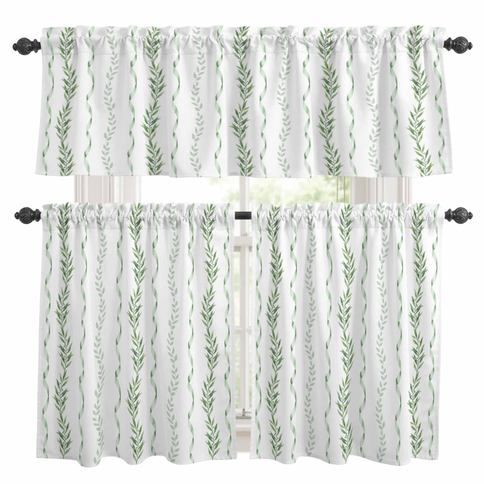 3 Piece Kitchen Curtains and Valances Set Summer Leaves Cafe Curtains ...