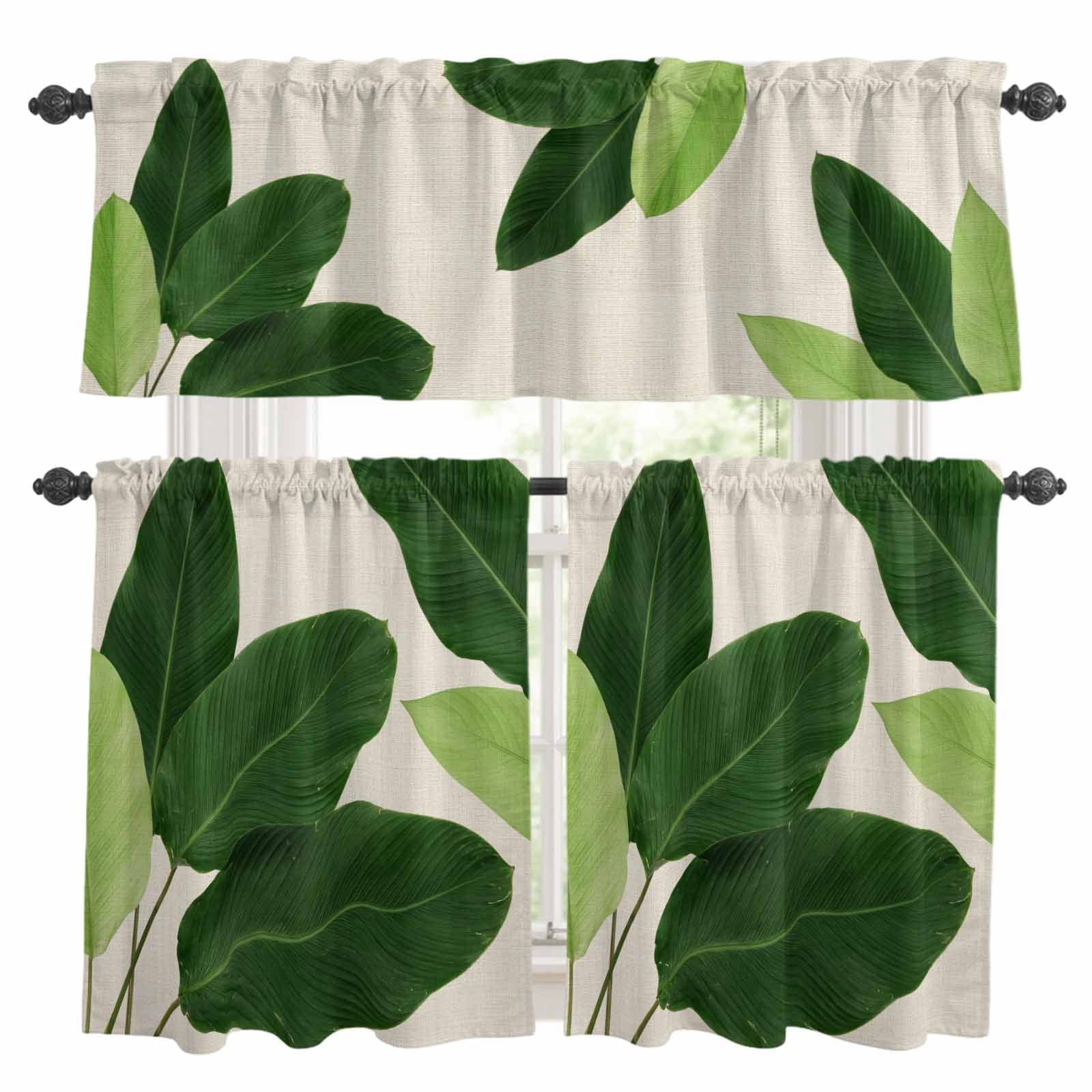 3 Piece Kitchen Curtains and Valances Set Summer Leaves Cafe Curtains ...