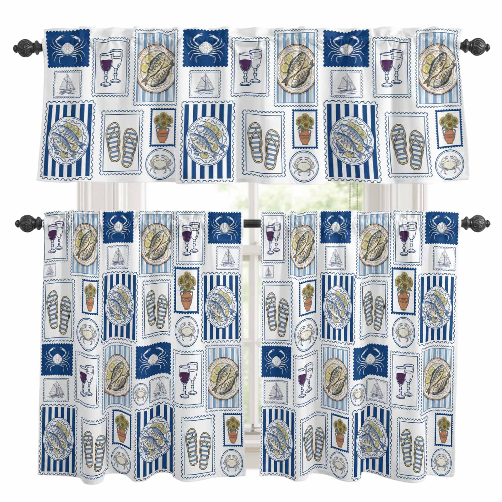 3 Piece Kitchen Curtains and Valances Set Summer Ocean Cafe Curtains 24 ...