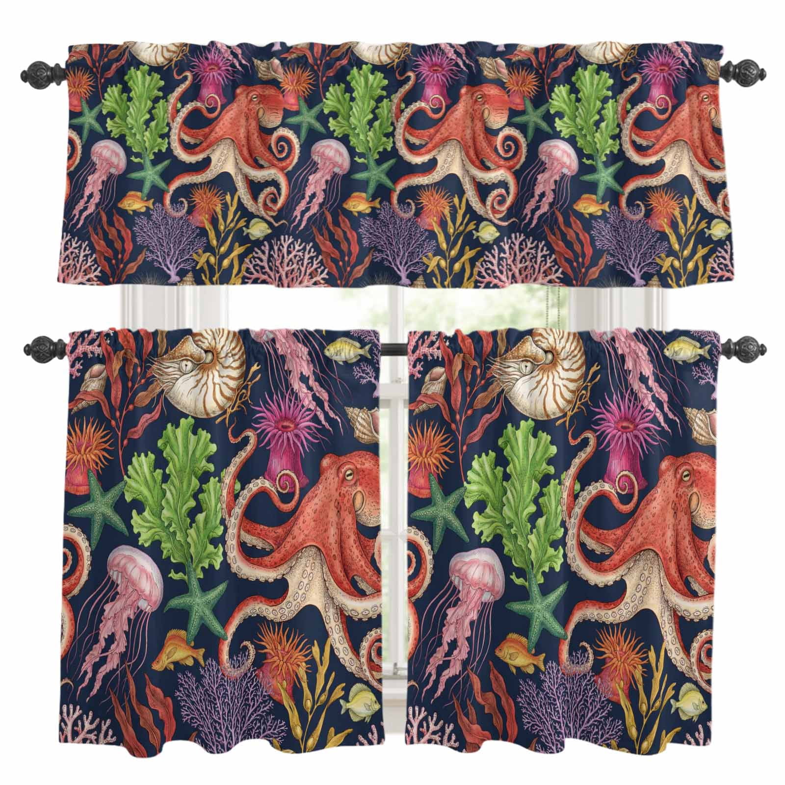 3 Piece Kitchen Curtains and Valances Set Summer Ocean Cafe Curtains 36 ...