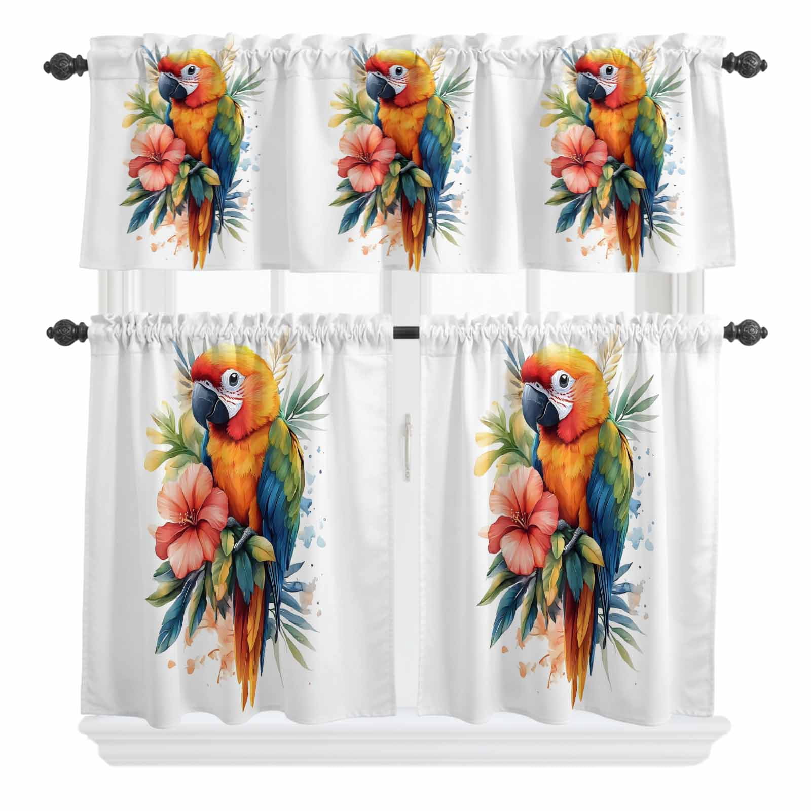 3 Piece Kitchen Curtains and Valances Set Summer Parrot Cafe Curtains ...
