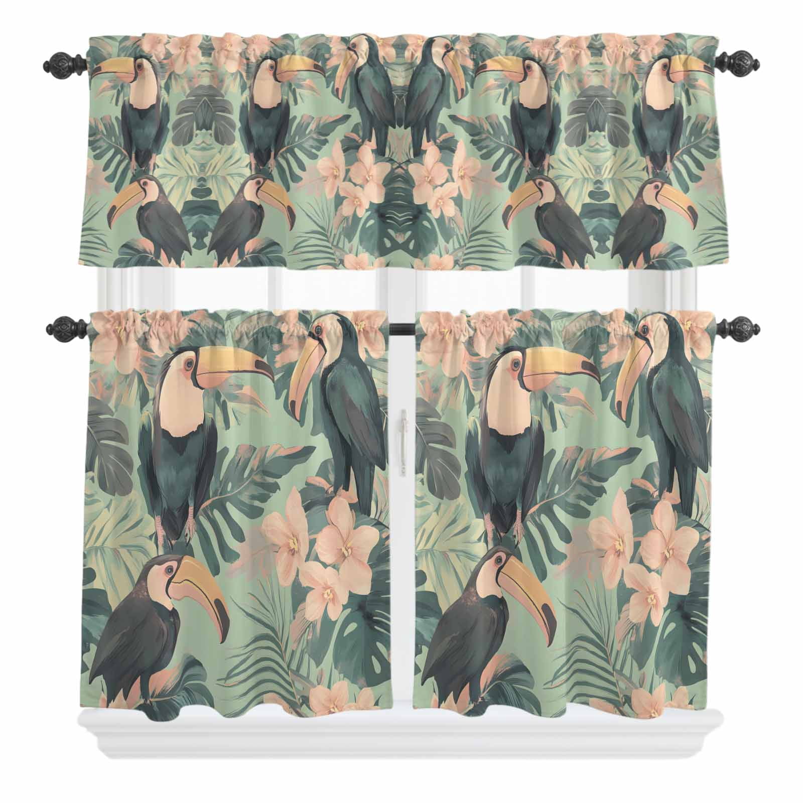 3 Piece Kitchen Curtains and Valances Set Summer Parrot Cafe Curtains ...