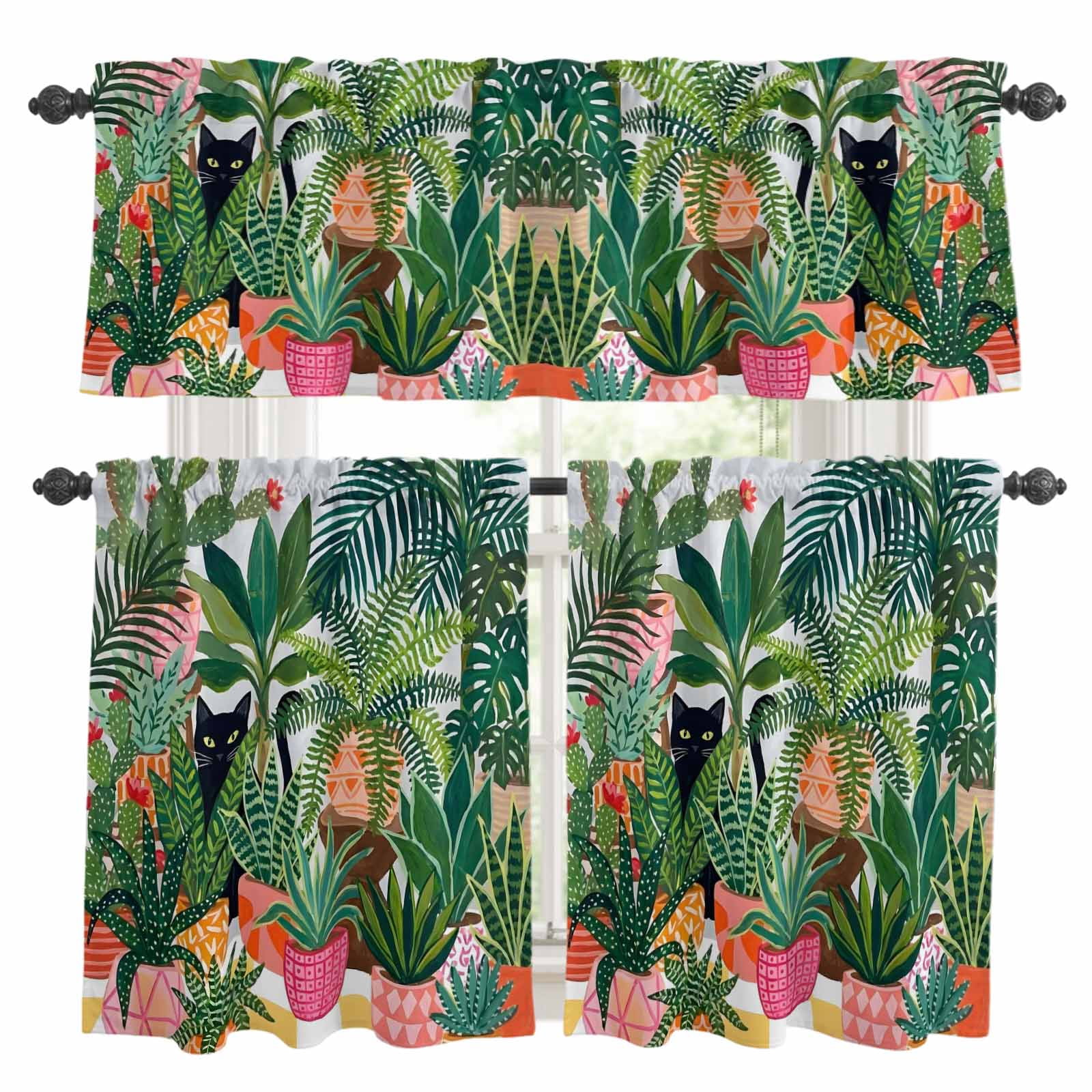 3 Piece Kitchen Curtains and Valances Set Summer Pink Green Cafe ...