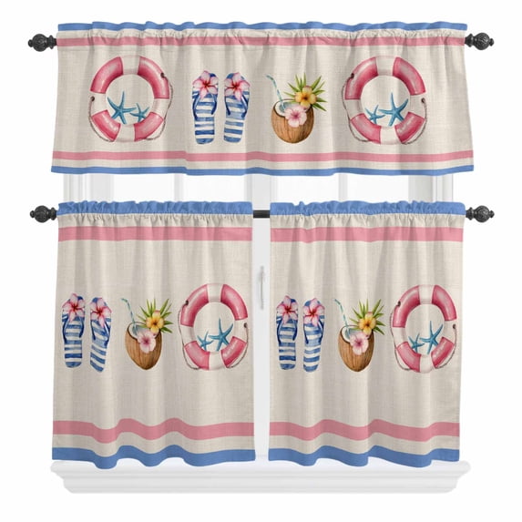 3 Piece Kitchen Curtains and Valances Set Summer Slippers Beach Cafe ...