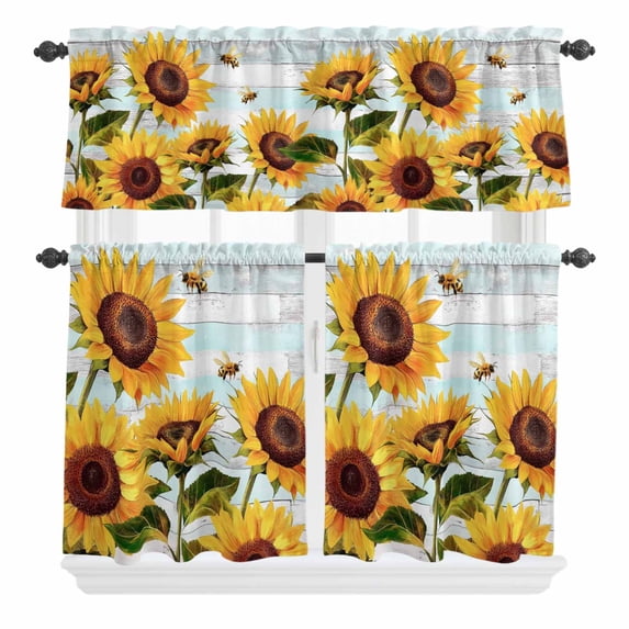 3 Piece Kitchen Curtains and Valances Set Sunflower Bee Cafe Curtains ...