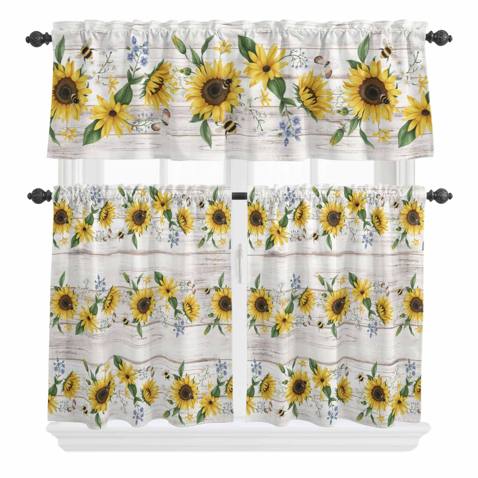 3 Piece Kitchen Curtains and Valances Set Sunflower Cafe Curtains 36 ...