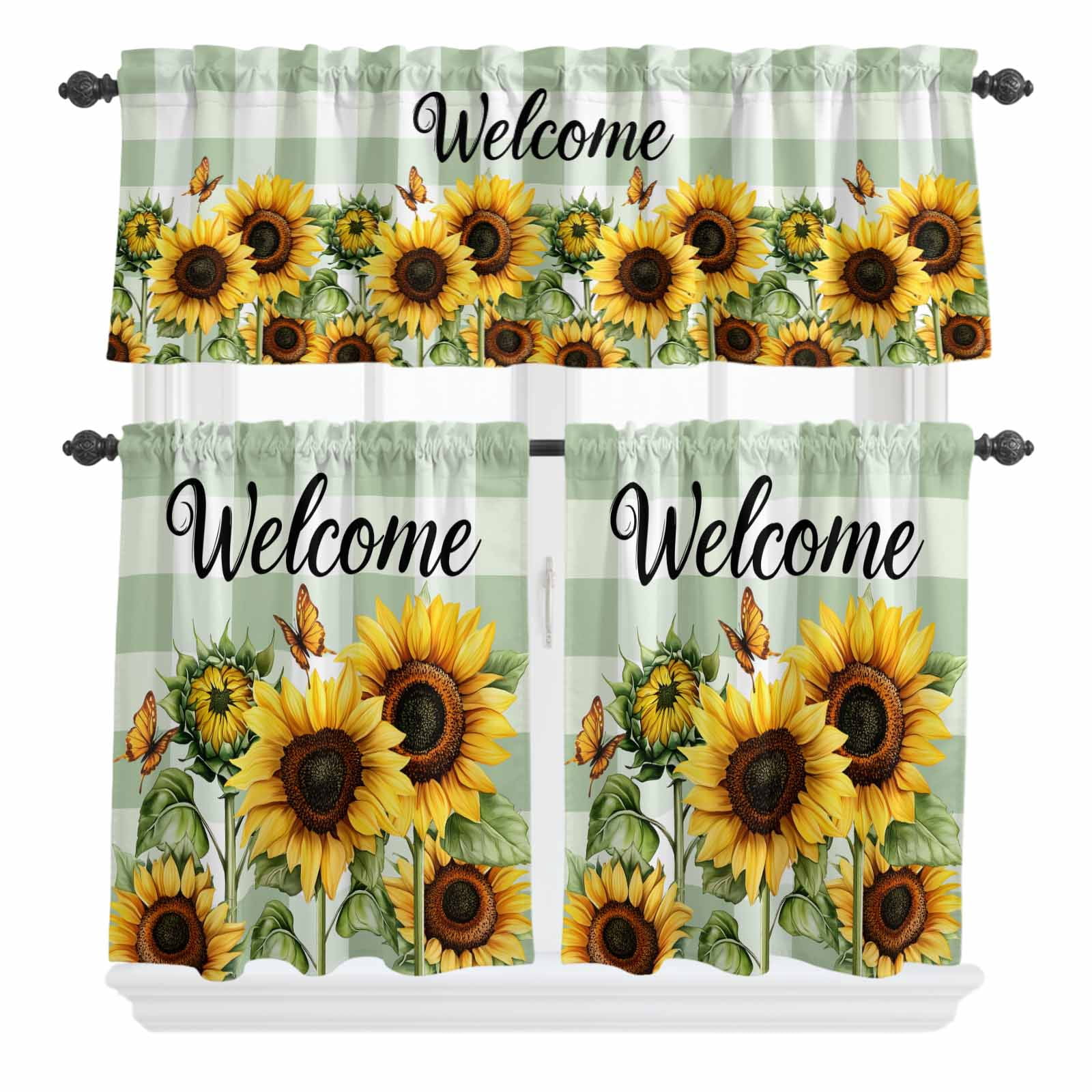 3 Piece Kitchen Curtains and Valances Set Sunflower Cafe Curtains 36 ...