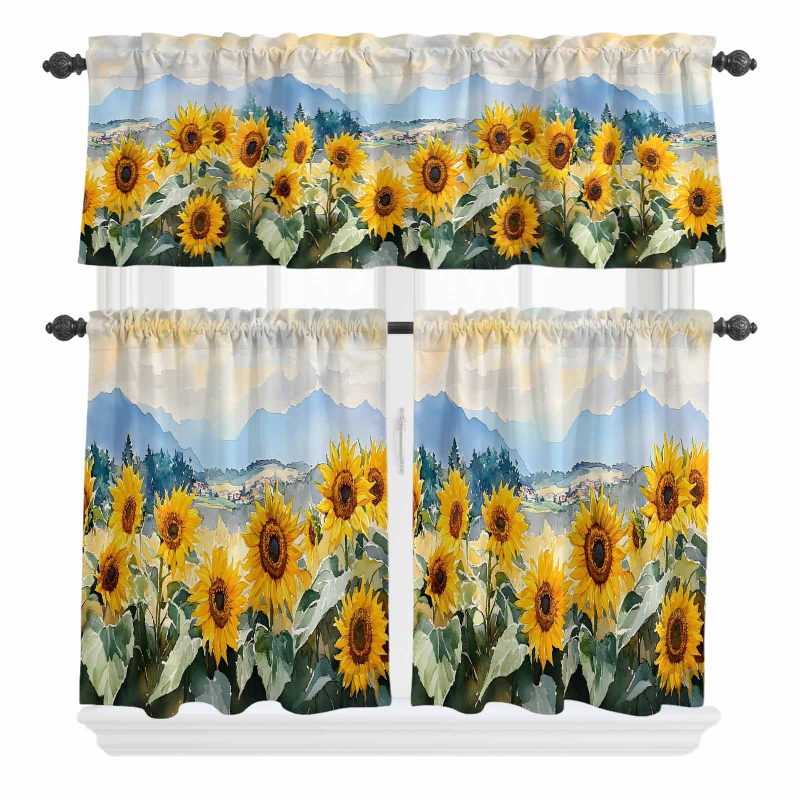 3 Piece Kitchen Curtains and Valances Set Sunflower Summer Cafe ...