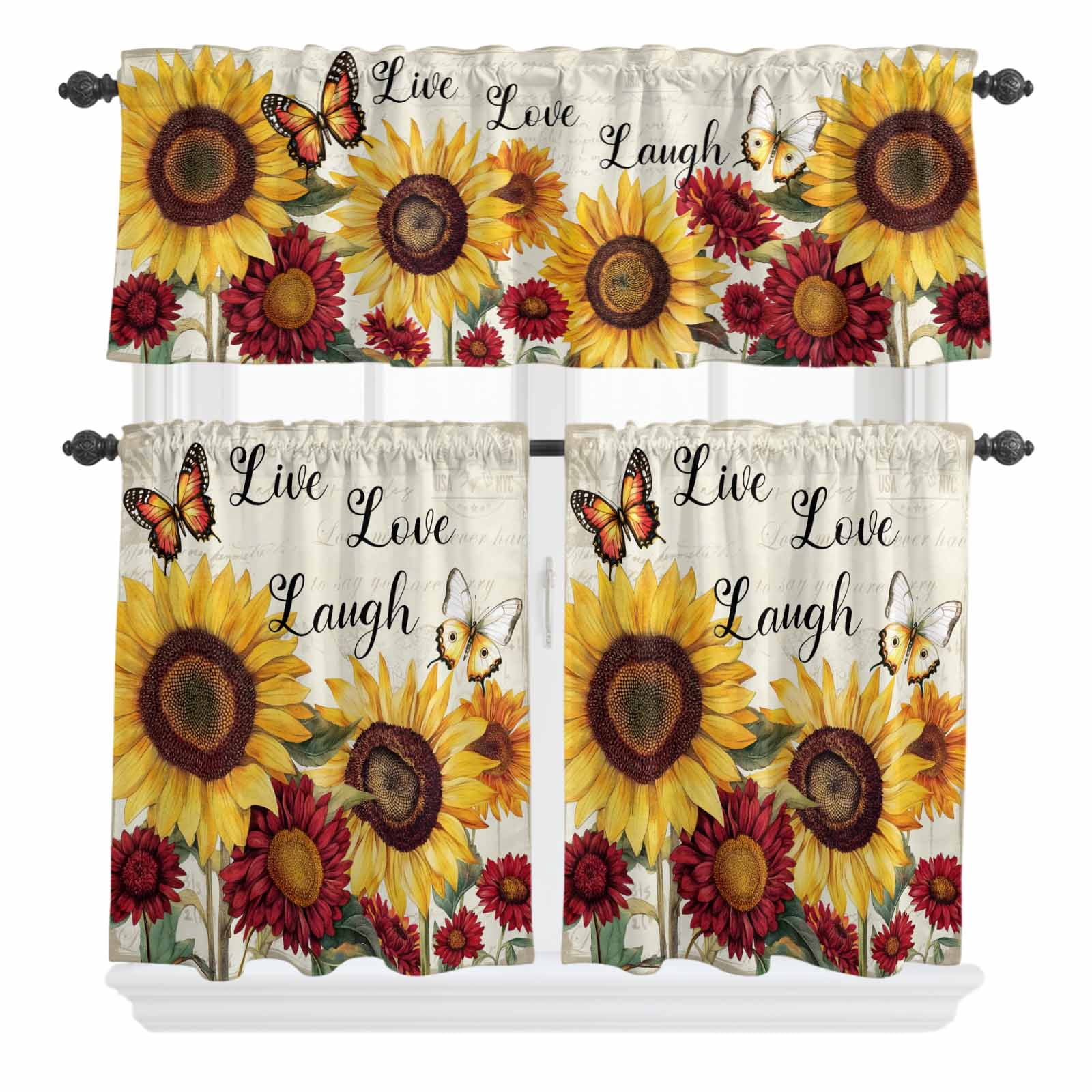 3 Piece Kitchen Curtains and Valances Set Sunflower Vintage Cafe ...