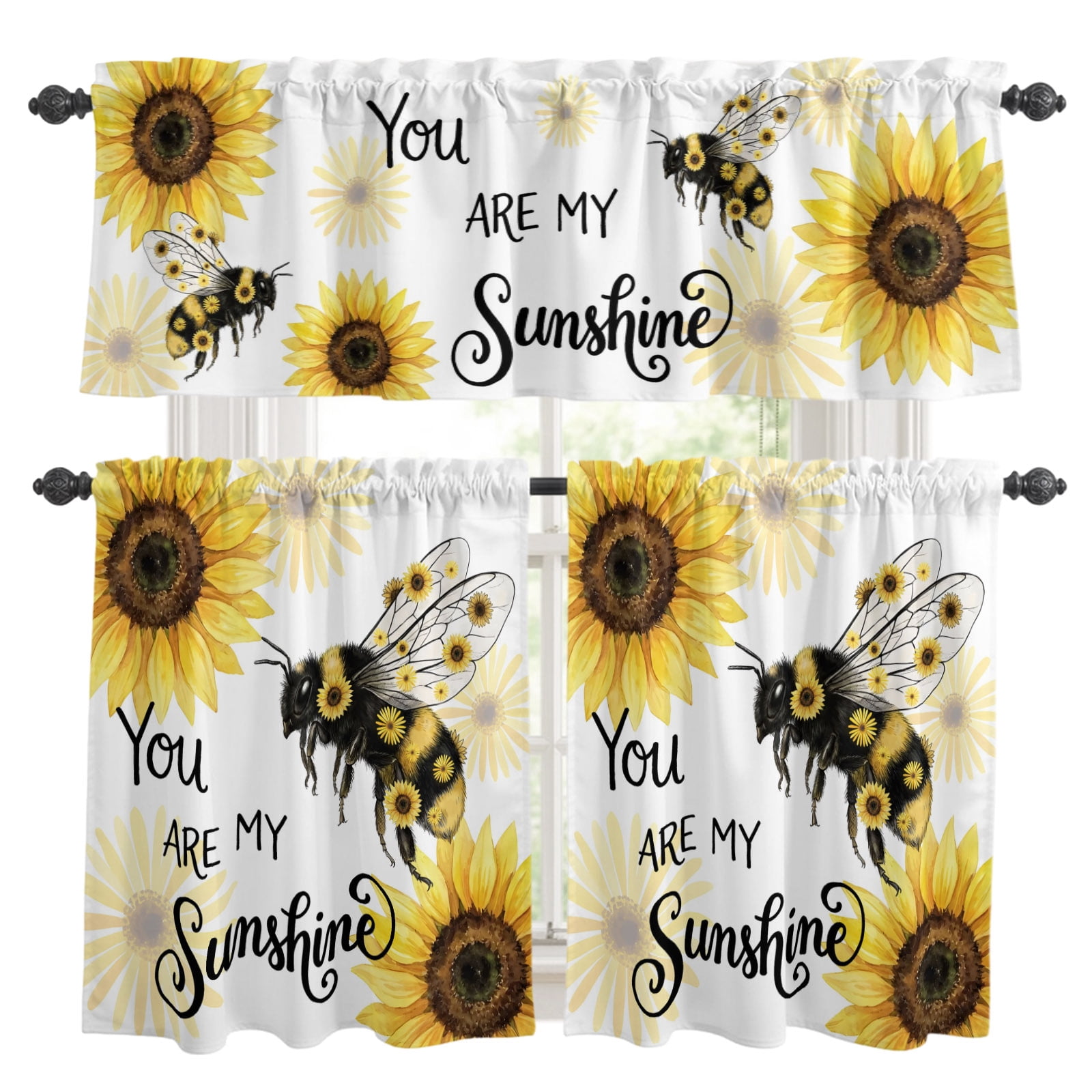 3 Piece Kitchen Curtains and Valances Set Sunflowers Bees Cafe Curtains ...