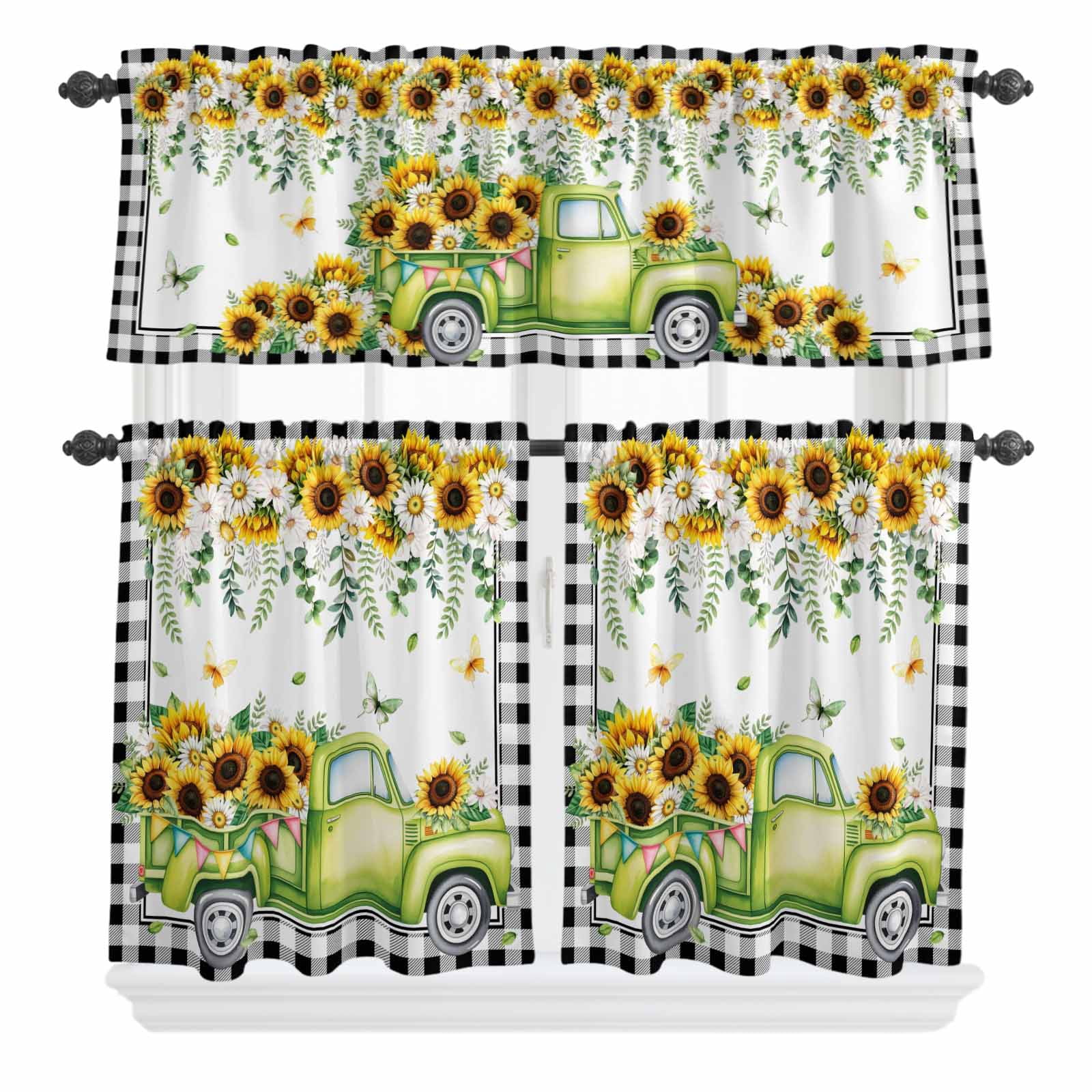 3 Piece Kitchen Curtains and Valances Set Sunflowers Cafe Curtains 36 ...