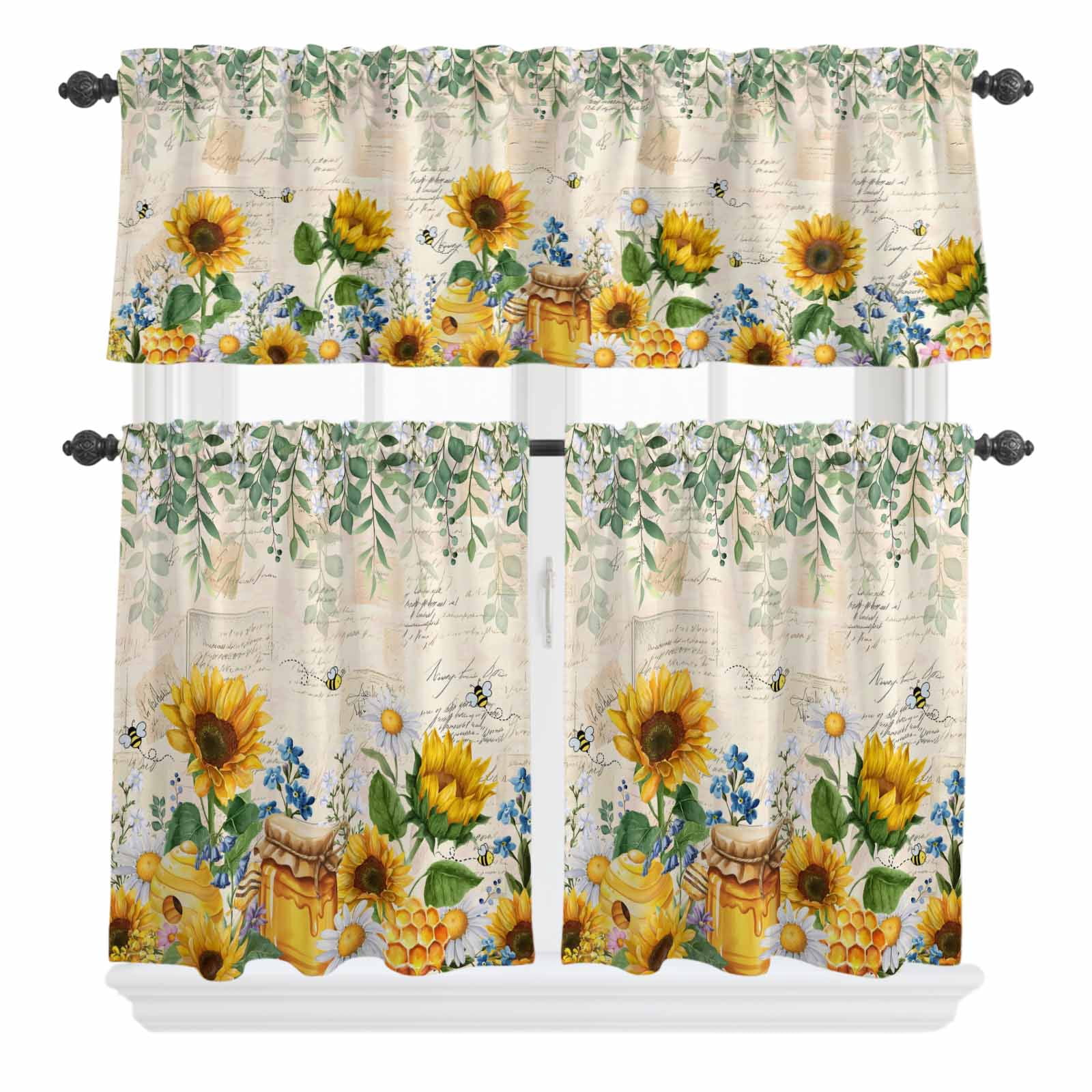 3 Piece Kitchen Curtains and Valances Set Sunflowers Cafe Curtains 36 ...