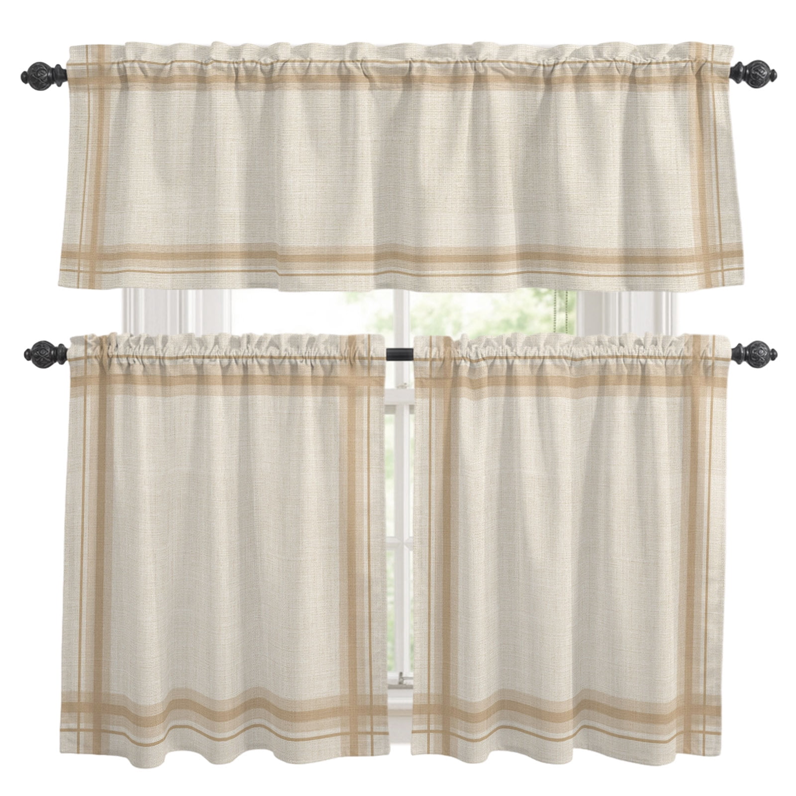 3 Piece Kitchen Curtains and Valances Set Tan Stripes Cafe Curtains 36 ...