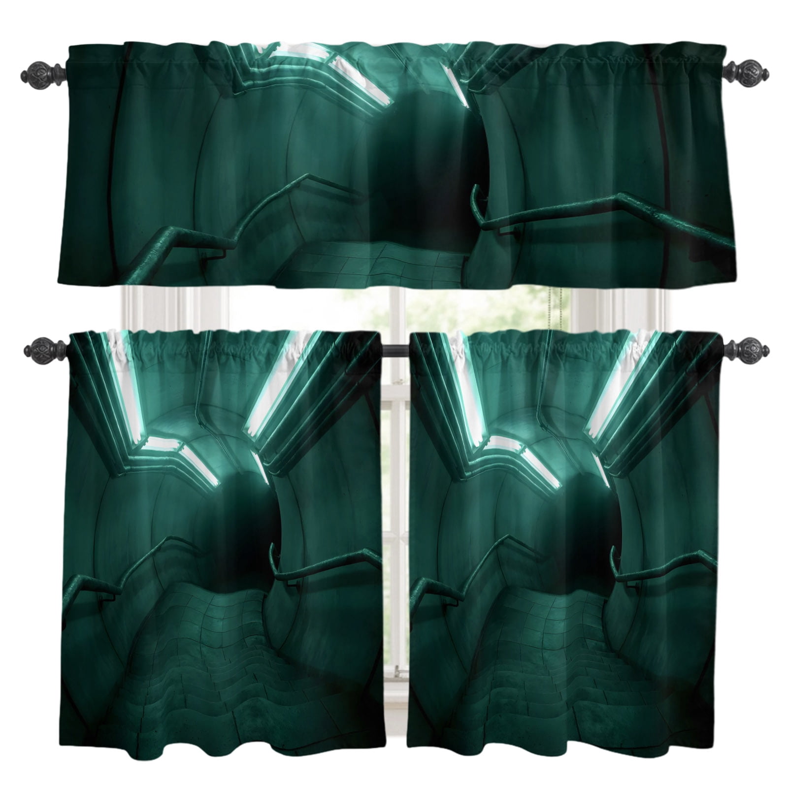 3 Piece Kitchen Curtains and Valances Set Teal Abstract Cafe Curtains ...