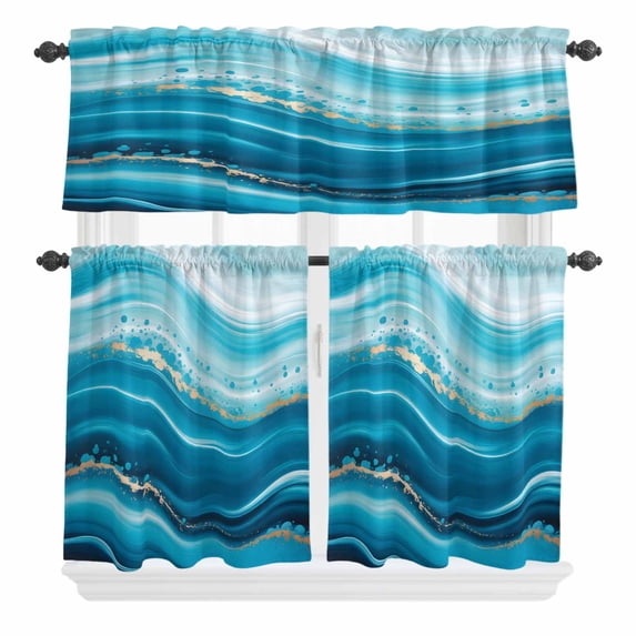 3 Piece Kitchen Curtains and Valances Set Teal Abstract Waves Cafe ...