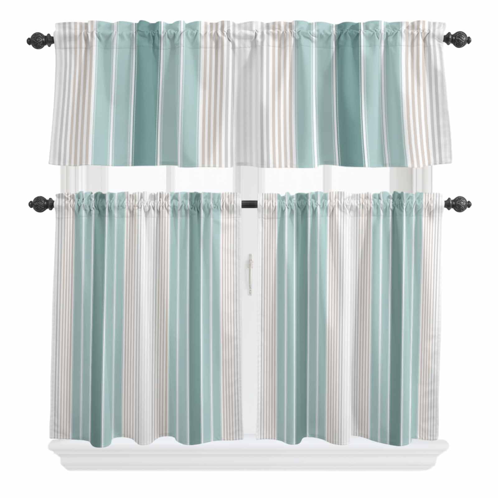 3 Piece Kitchen Curtains and Valances Set Teal Aqua Stripes Cafe ...