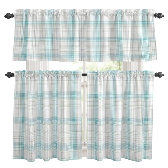 3 Piece Kitchen Curtains and Valances Set Teal Beige Checkered Cafe ...