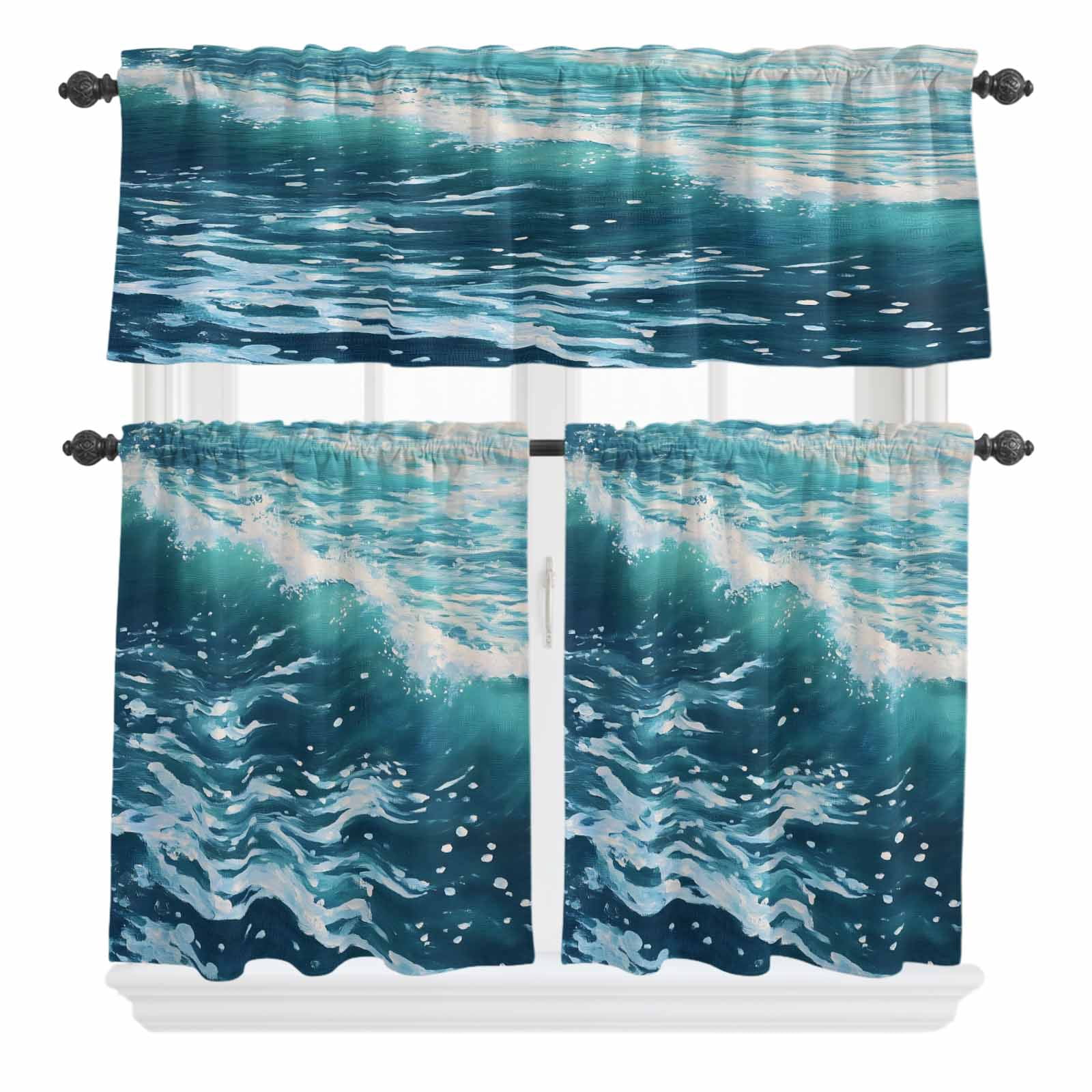 3 Piece Kitchen Curtains and Valances Set Teal Blue Beach Coastal Cafe ...