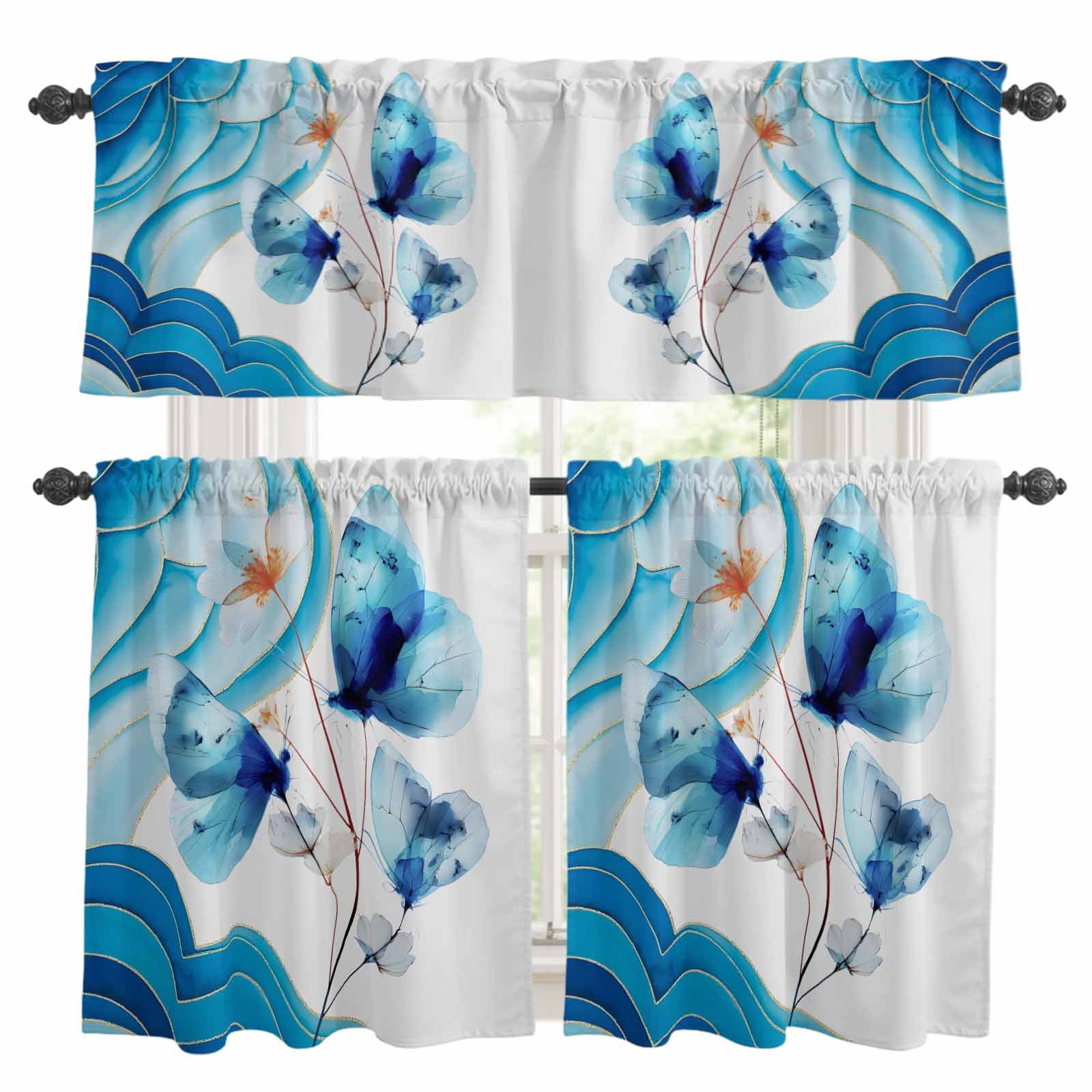 3 Piece Kitchen Curtains and Valances Set Teal Blue Butterfly Cafe ...