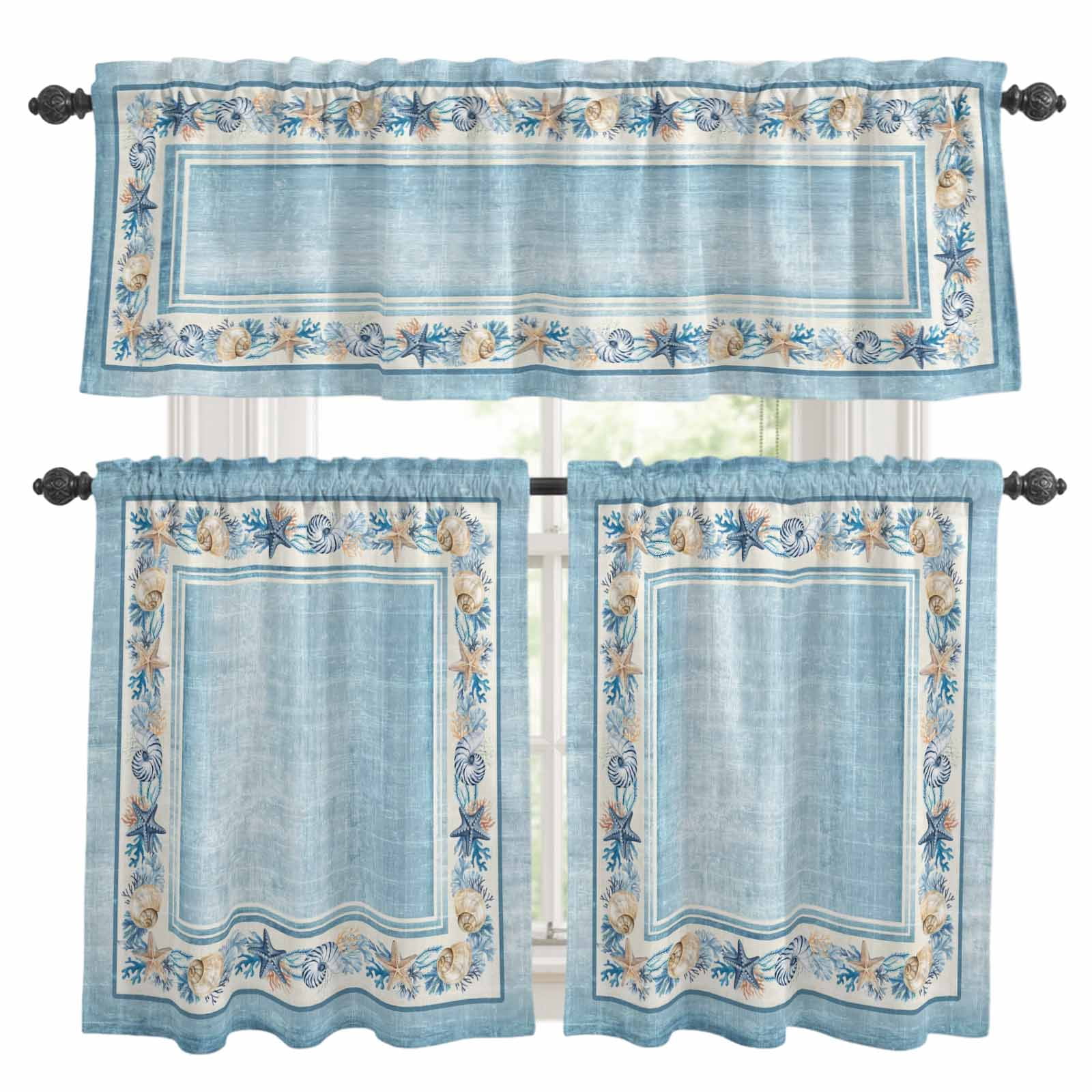 3 Piece Kitchen Curtains and Valances Set Teal Blue Coastal Cafe ...