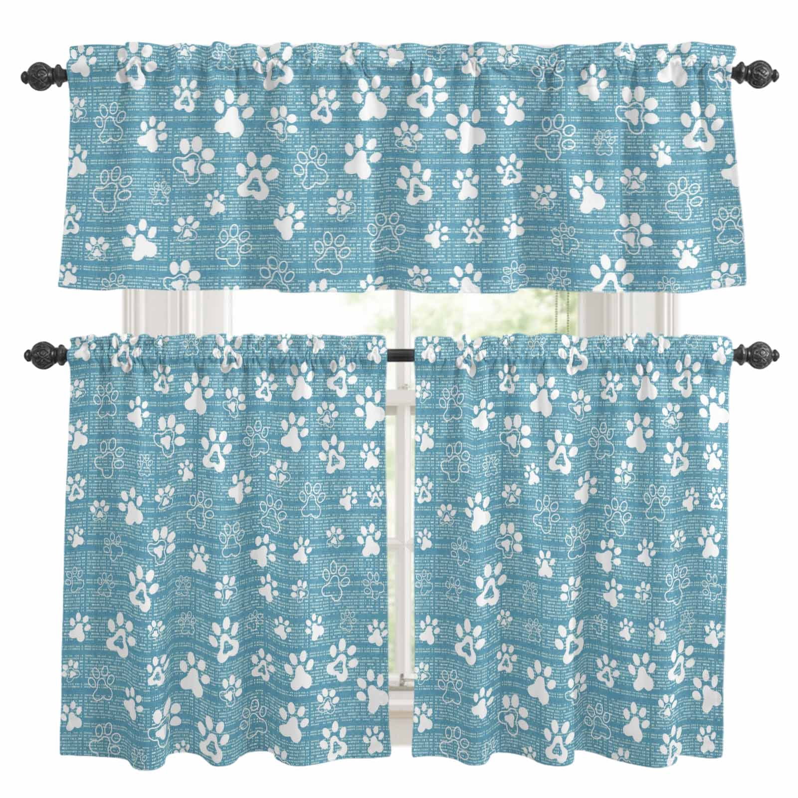 3 Piece Kitchen Curtains and Valances Set Teal Blue Dog Paw Cafe ...