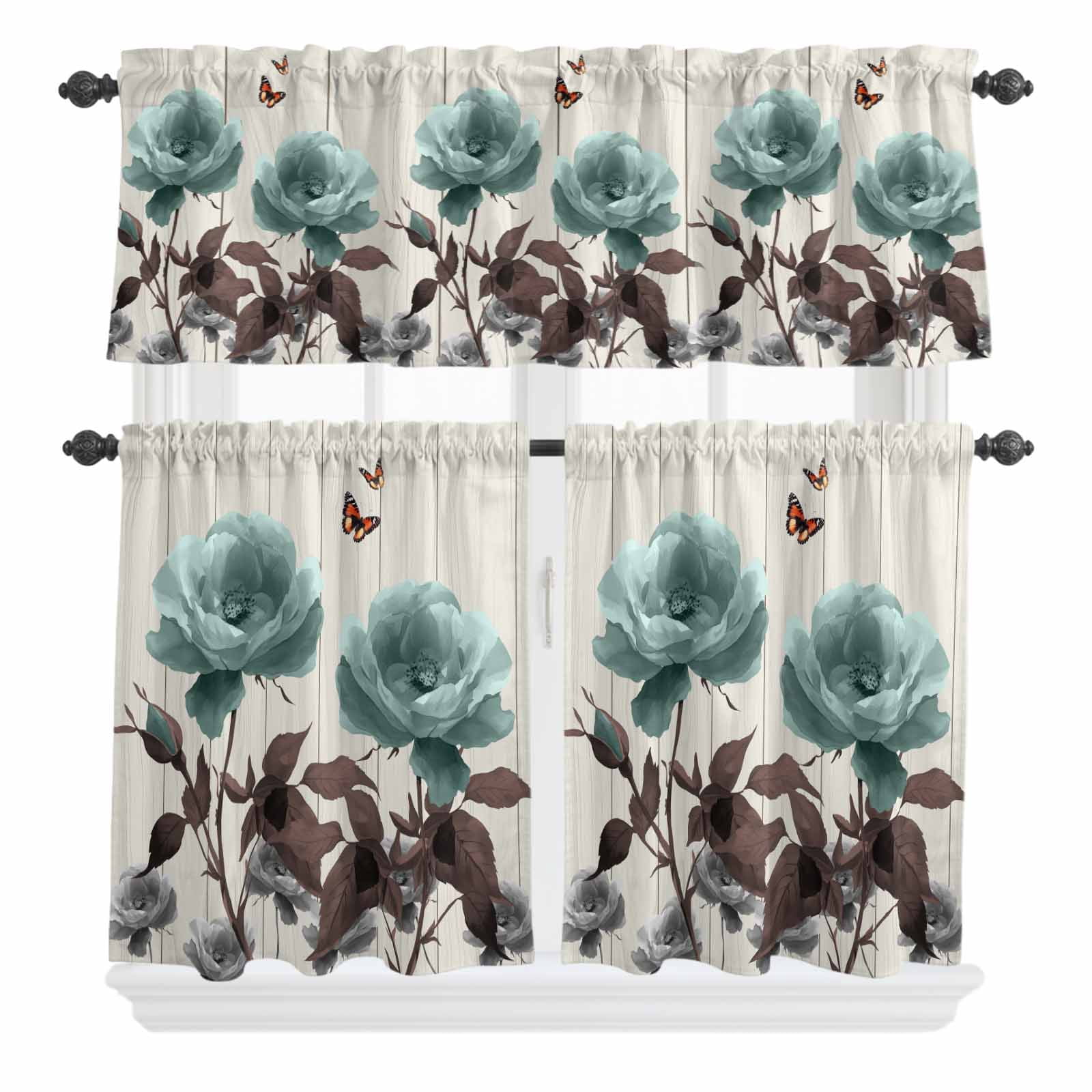 3 Piece Kitchen Curtains and Valances Set Teal Blue Floral Cafe ...