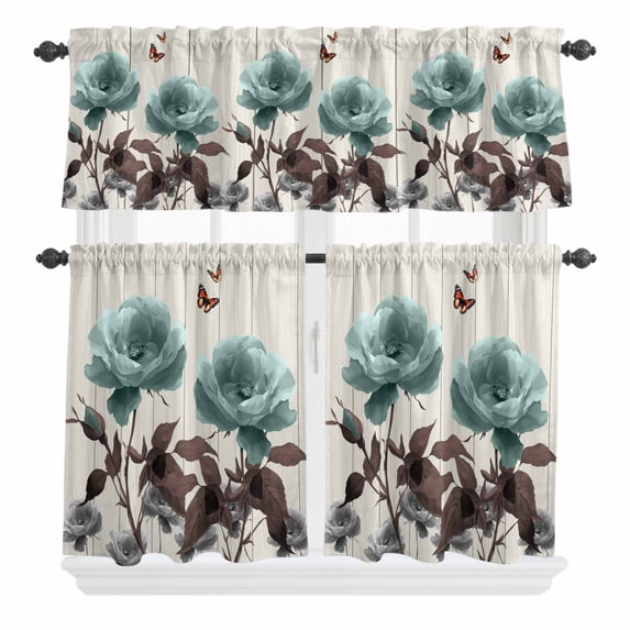 3 Piece Kitchen Curtains and Valances Set Teal Blue Floral Cafe ...