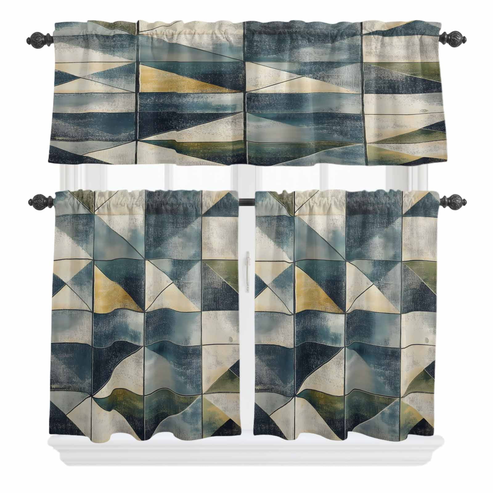 3 Piece Kitchen Curtains and Valances Set Teal Blue Geometric Cafe ...