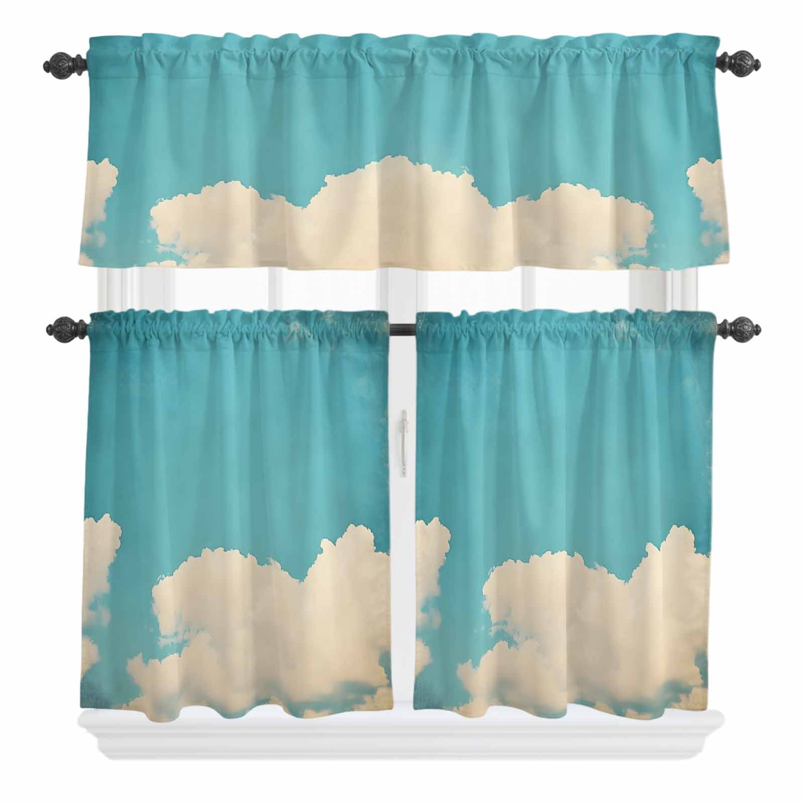3 Piece Kitchen Curtains and Valances Set Teal Blue Sky Cafe Curtains ...