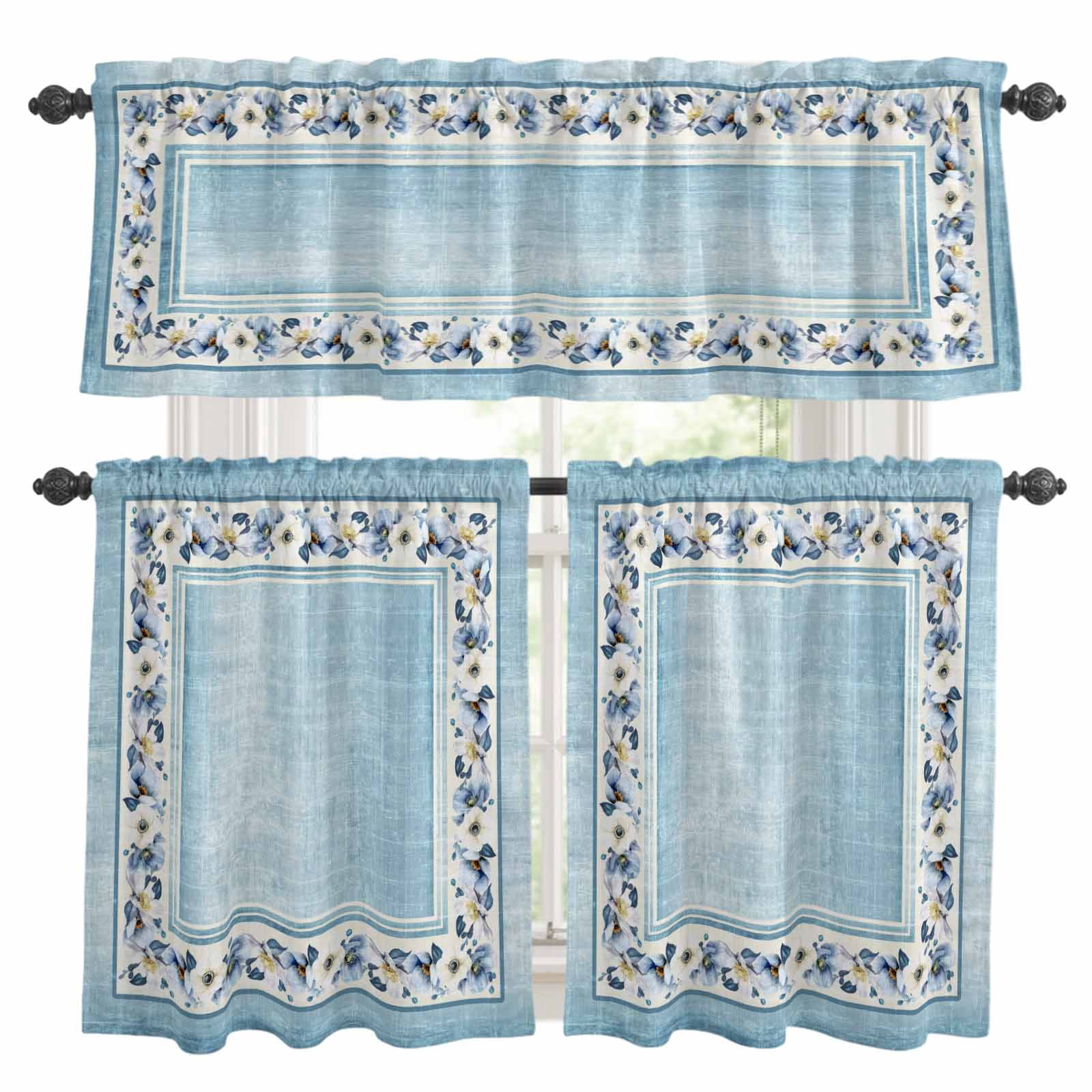 3 Piece Kitchen Curtains and Valances Set Teal Blue Spring Floral Cafe ...