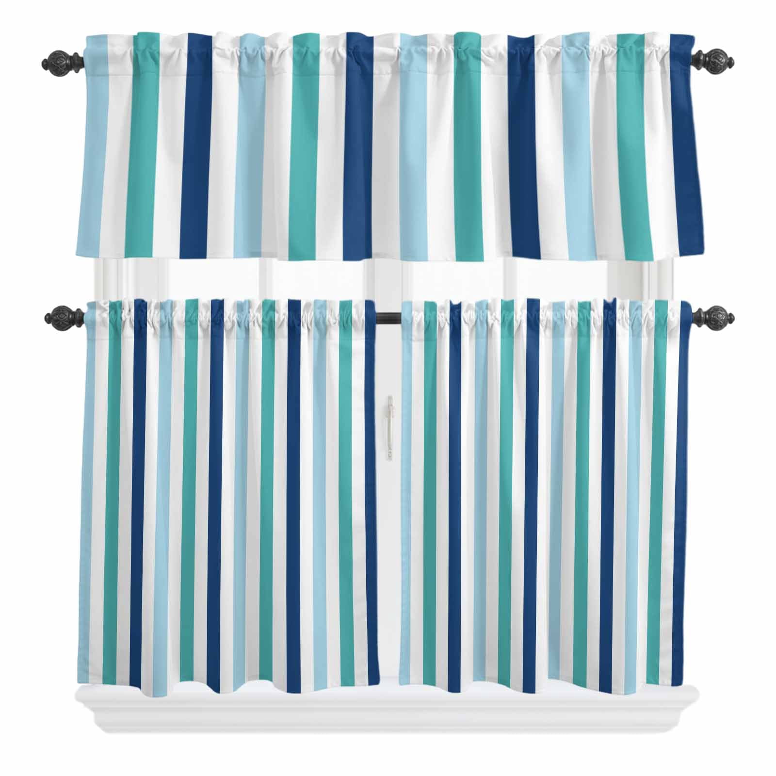 3 Piece Kitchen Curtains and Valances Set Teal Blue Stripe Cafe ...