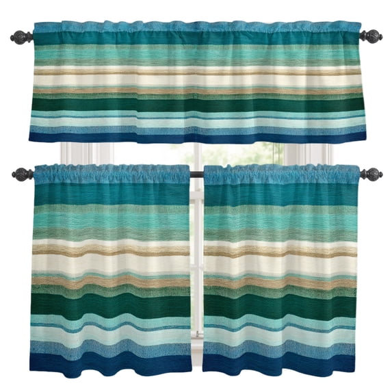 3 Piece Kitchen Curtains and Valances Set Teal Blue Striped Cafe ...