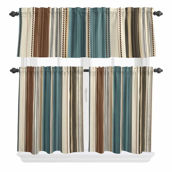 3 Piece Kitchen Curtains and Valances Set Teal Boho Stripes Cafe ...