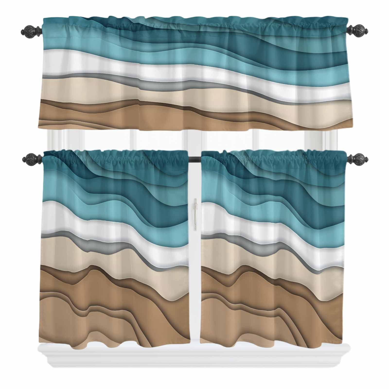 3 Piece Kitchen Curtains and Valances Set Teal Brown Ombre Cafe ...