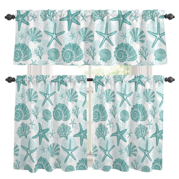 3 Piece Kitchen Curtains and Valances Set Teal Coastal Summer Cafe ...
