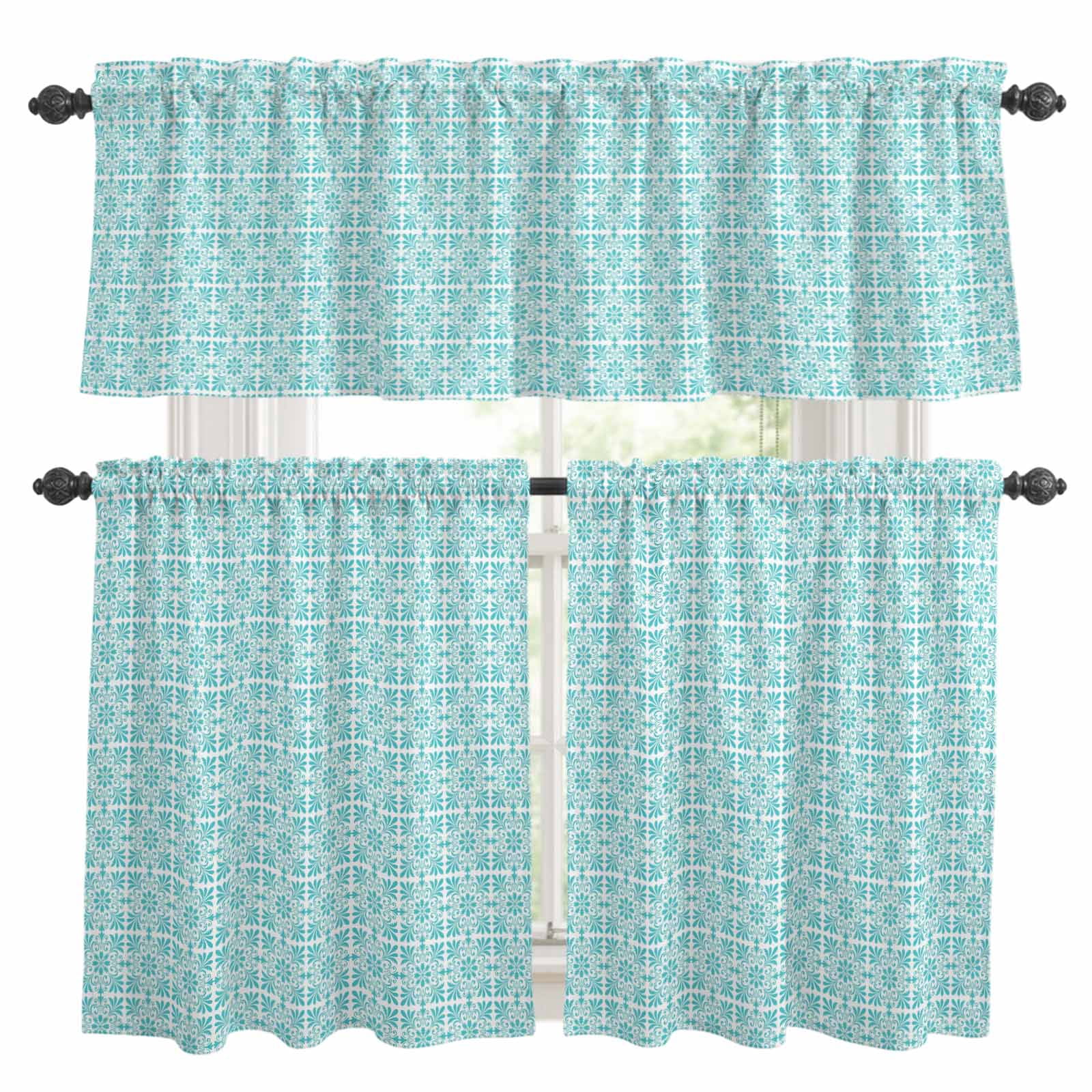 3 Piece Kitchen Curtains and Valances Set Teal Green Boho Cafe Curtains ...