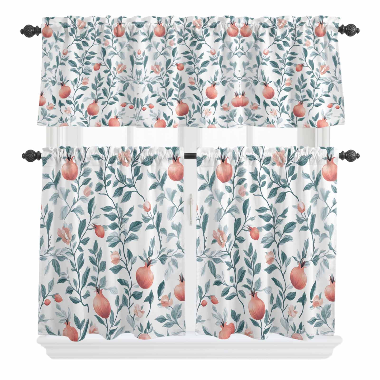 3 Piece Kitchen Curtains and Valances Set Teal Green Botanical Cafe ...