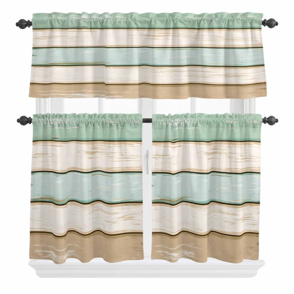 3 Piece Kitchen Curtains and Valances Set Teal Green Wood Grain Cafe ...