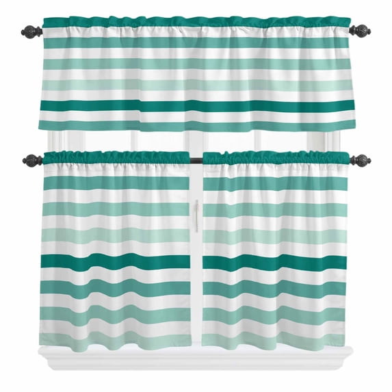 3 Piece Kitchen Curtains and Valances Set Teal Ombre Grey Striped Cafe ...