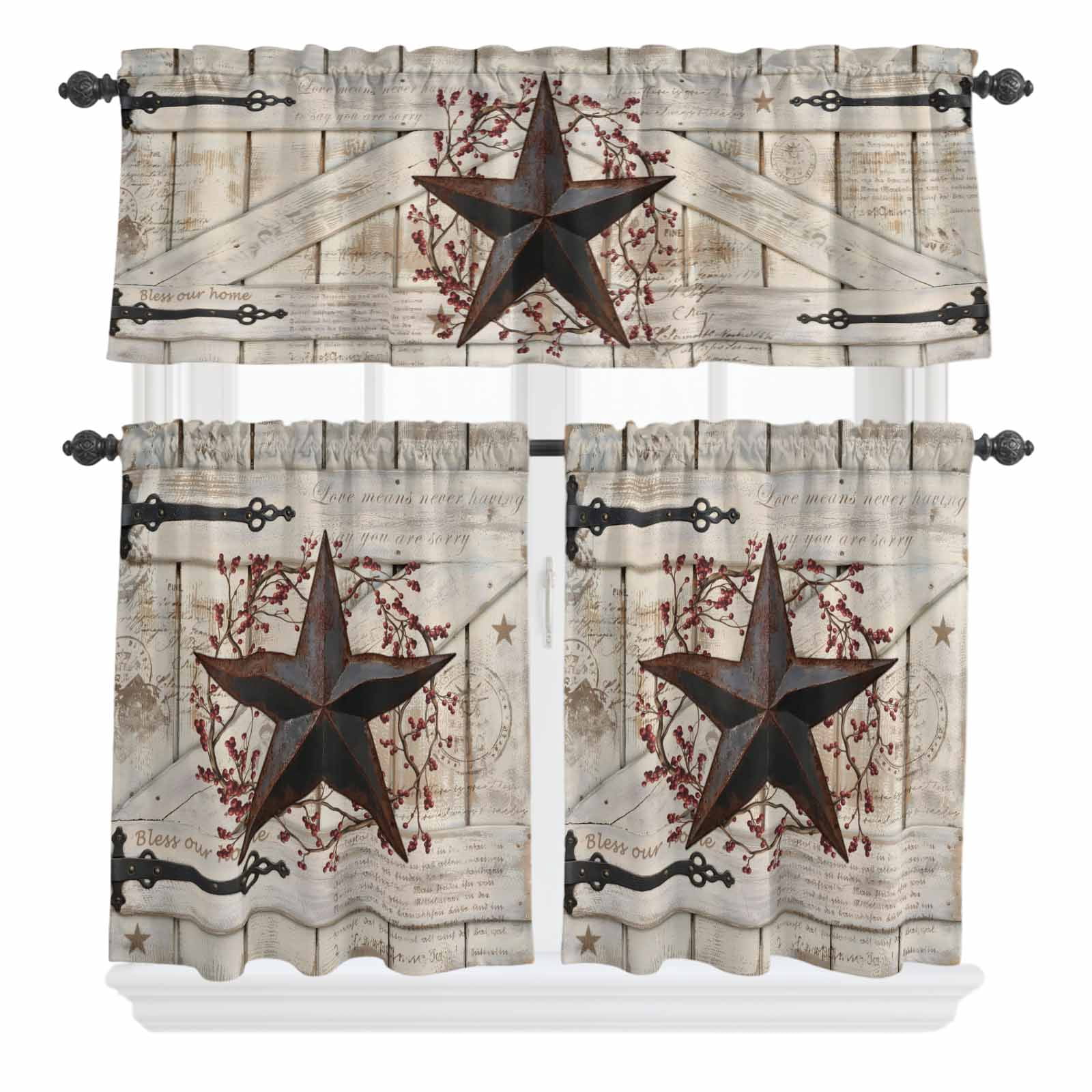 3 Piece Kitchen Curtains and Valances Set Texas Star Vintage Cafe ...