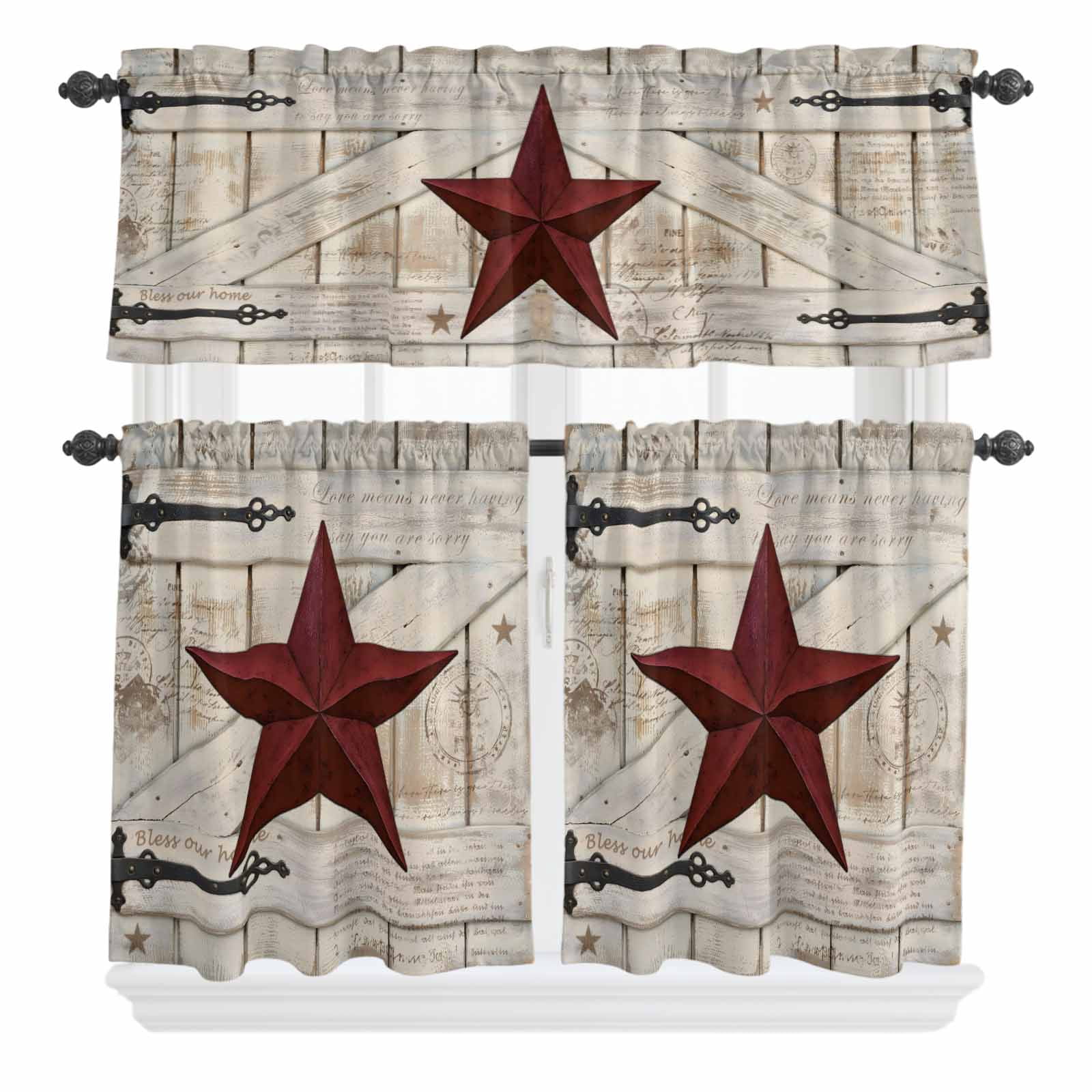 3 Piece Kitchen Curtains and Valances Set Texas Star Vintage Cafe ...